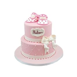 Elegant Two-Tier Pink Baby Girl Christening Cake with Booties | The ...